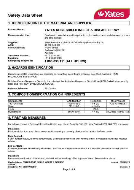 yates rose shield insect & disease spray - MSDS