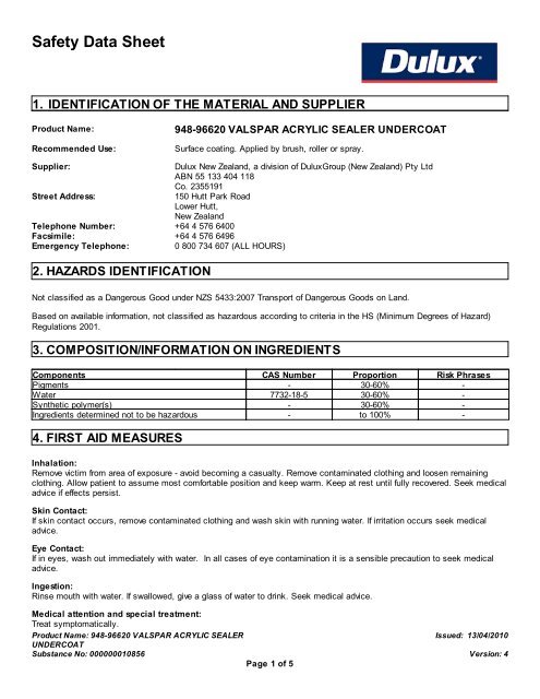 valspar acrylic sealer undercoat - MSDS