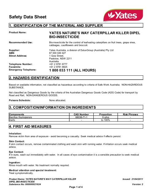 yates nature's way caterpillar killer dipel bio-insecticide - MSDS
