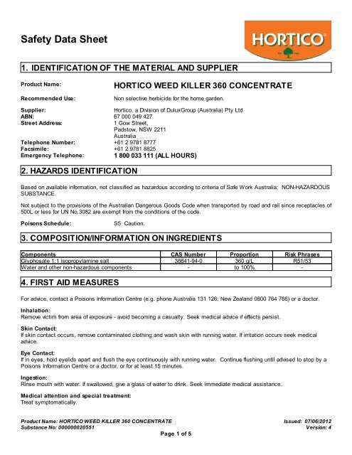 hortico weed killer 360 concentrate - MSDS