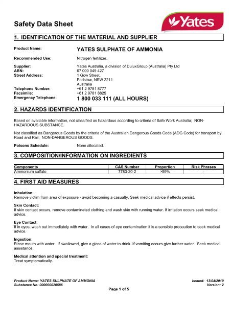 yates sulphate of ammonia - MSDS