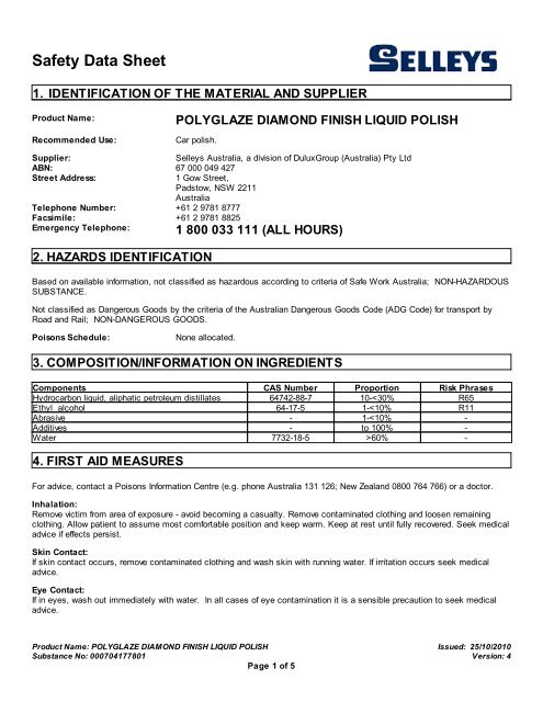 polyglaze diamond finish liquid polish - MSDS