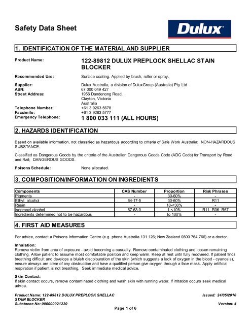 dulux preplock shellac stain blocker - MSDS