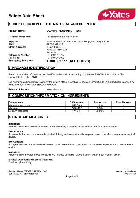 yates garden lime - MSDS