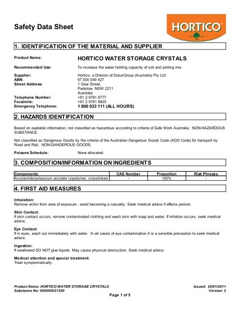 hortico water storage crystals - MSDS