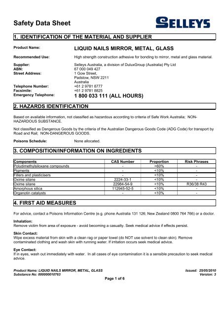 liquid nails mirror, metal, glass - MSDS