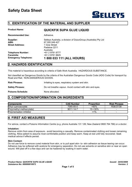 quickfix supa glue liquid - MSDS
