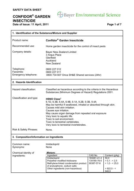 CONFIDOR® GARDEN INSECTICIDE - MSDS