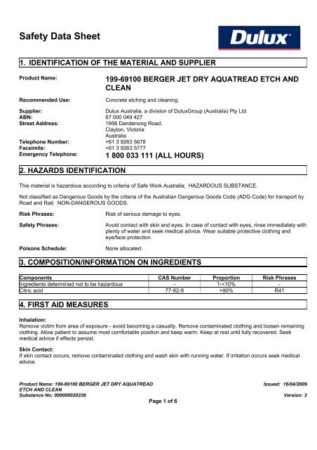 berger jet dry aquatread etch and clean - MSDS
