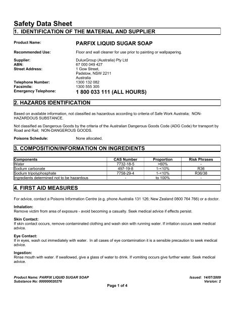 parfix liquid sugar soap - MSDS