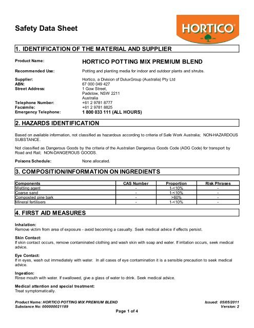 hortico potting mix premium blend - MSDS