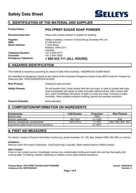 polyprep sugar soap powder - MSDS