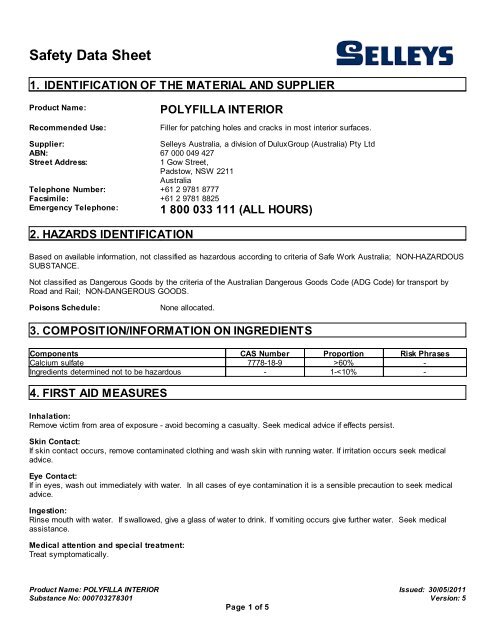 polyfilla interior - MSDS