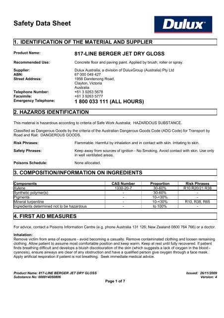 berger jet dry gloss - MSDS