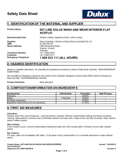 dulux wash and wear interior flat acrylic - MSDS