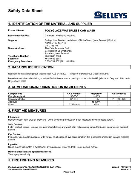 polyglaze waterless car wash - MSDS