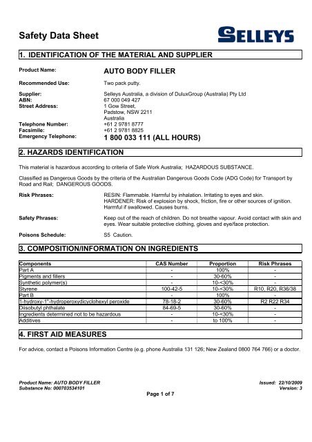 auto body filler - MSDS