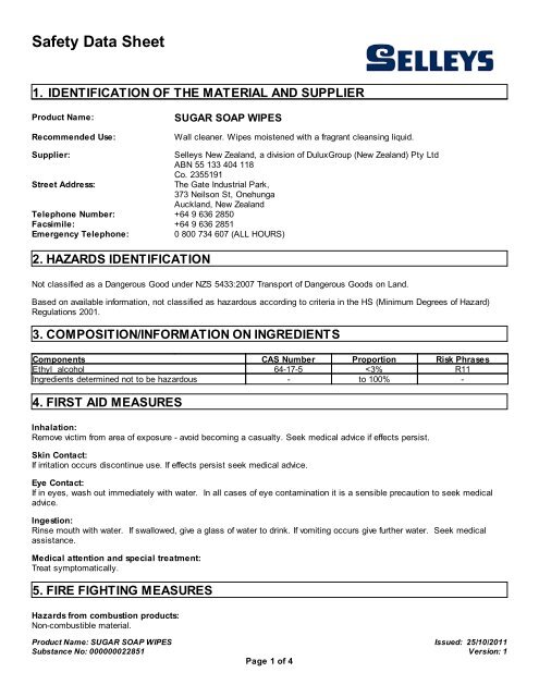 sugar soap wipes - MSDS