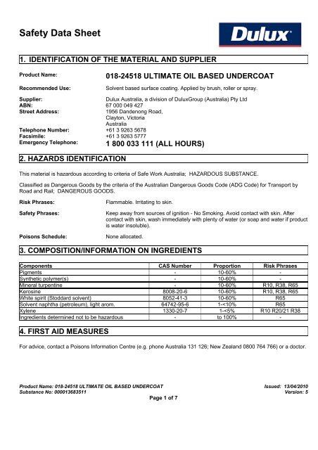 ultimate oil based undercoat - Safety Data Sheets