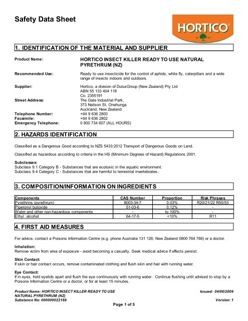hortico insect killer ready to use natural pyrethrum (nz) - MSDS