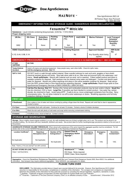 Fenamite Miticide Haznote - The Dow Chemical Company
