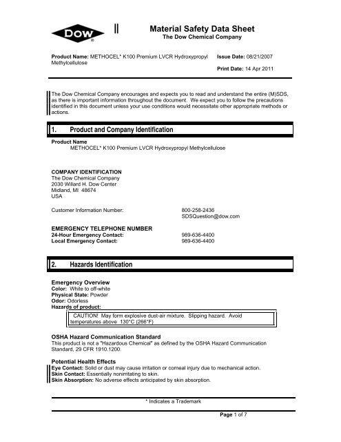 Material Safety Data Sheet - The Dow Chemical Company
