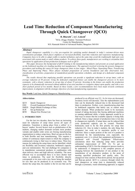 Lead Time Reduction of Component Manufacturing Through Quick ...