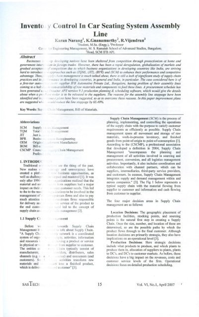 Inventory Control In Car Seating System Assembly Line