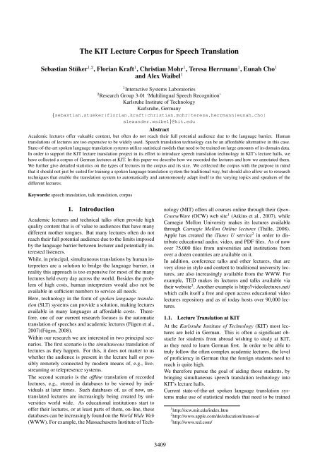 The KIT lecture corpus for speech translation - Machine Translation ...
