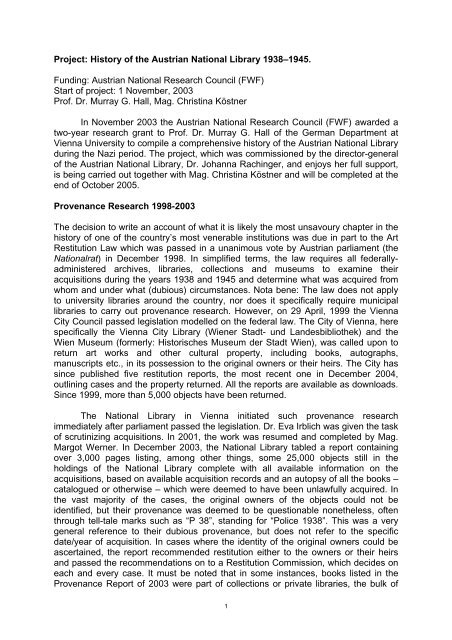 The Austrian National Library 1938–1945 - Prof. Dr. Murray G. Hall