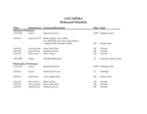 UNT OPERA Rehearsal Schedule
