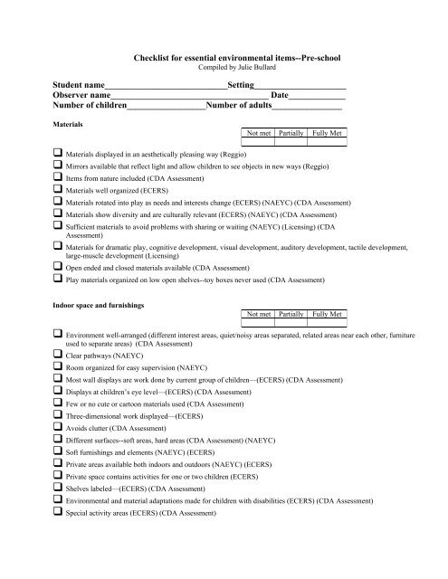 Checklist for essential environmental items--Pre-school Student ...