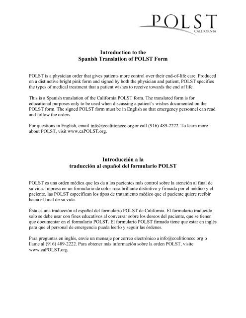 Introduction to the Spanish Translation of POLST Form Introducción ...