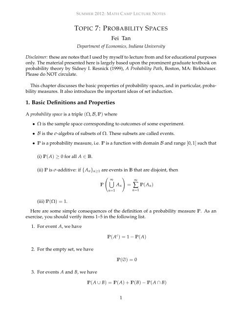 Topic 7: Probability Spaces - Mypage - Indiana University