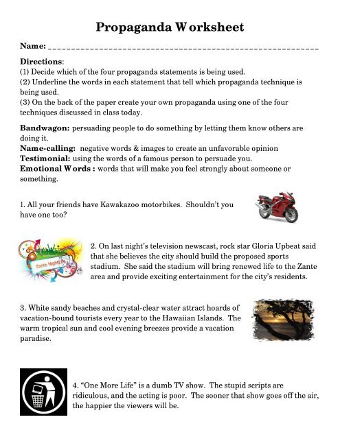 Types Of Propaganda Worksheet You're The Author: WWI Propaganda