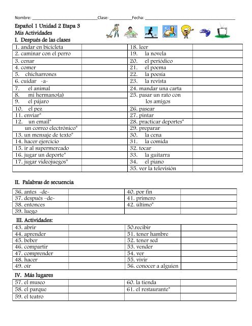 Español 1 Unidad 2 Etapa 3 Mis Actividades I. Después de las ...