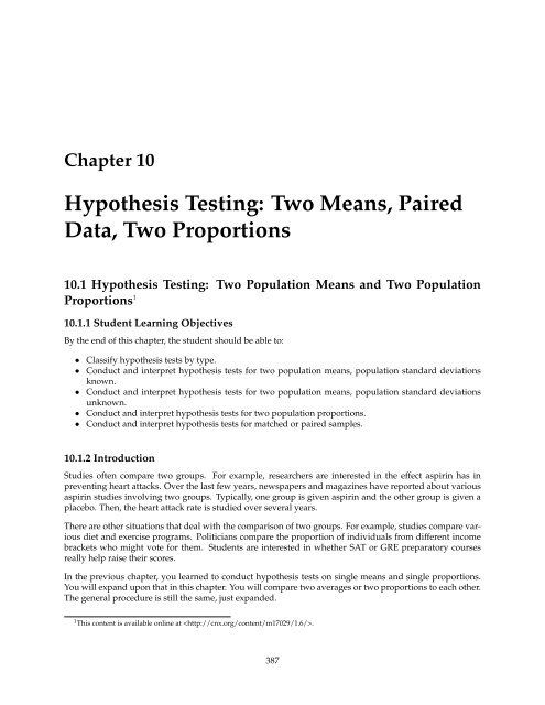 Hypothesis Testing: Two Means, Paired Data, Two Proportions Hypothesis Testing: Two Means, Paired Data, Two Proportions