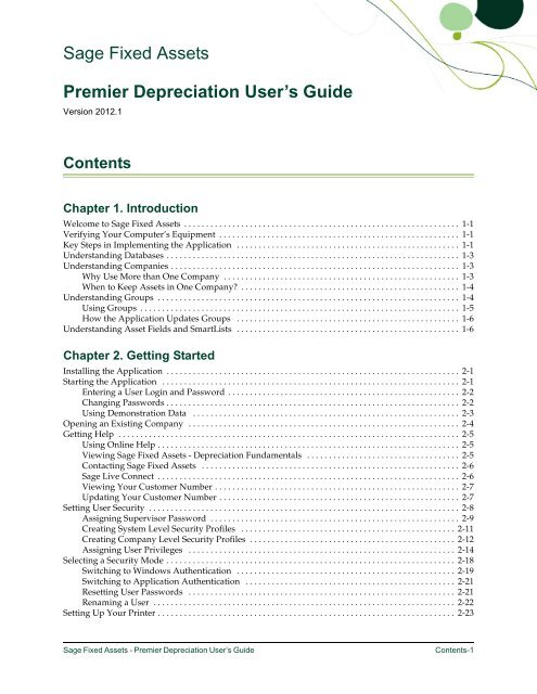 Sage Fixed Assets - Premier Depreciation User's Guide, v.2012.1