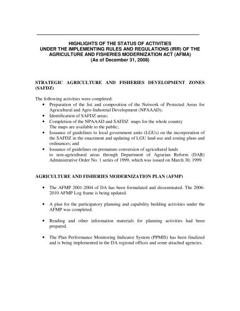 highlights of the status of activities under the implementing rules and ...