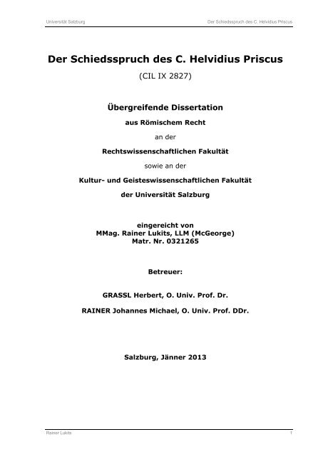 Der Schiedsspruch des C. Helvidius Priscus - Heinrich Graf ...