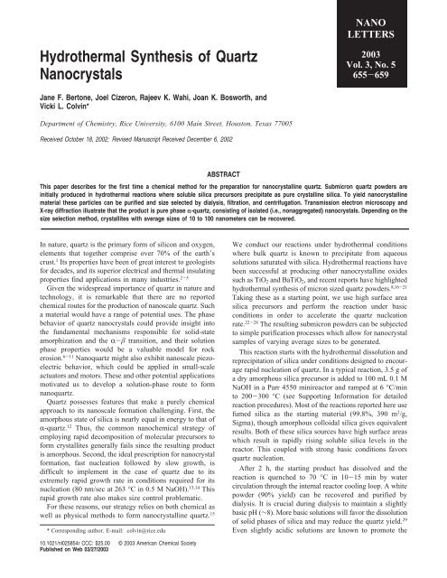 Hydrothermal Synthesis of Quartz Nanocrystals - Rice University