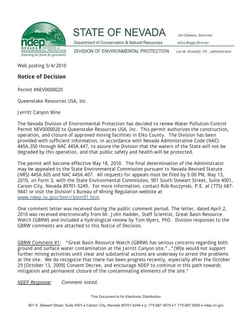 Notice of Decision - Nevada Division of Environmental Protection