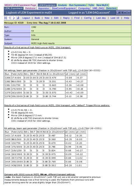 Logbook of LEM Experiment in muE4 Logged in as "LEM DAQ ...