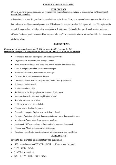 EXERCICES DE GRAMMAIRE EXERCICE N°1 Recopie les phrases ...