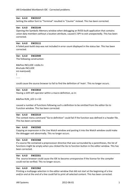 IAR Embedded Workbench IDE - Corrected problems - IAR Systems