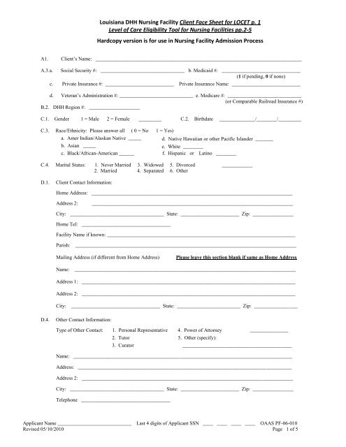 Louisiana DHH Nursing Facility Client Face Sheet for LOCET p. 1 ...