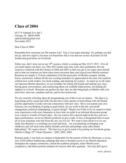 Class of 2004 Letter 1 - Oberlin College