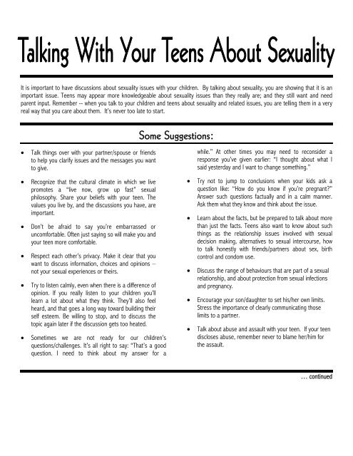 Talking With Teens About Sexuality - New Directions
