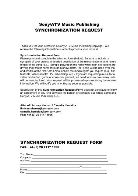Sony Atv Logo Sony/ATV Music Publishing SYNCHRONIZATION REQUEST ...