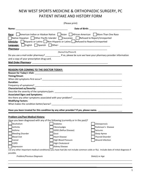 patient intake and history form - New West Sports Medicine ...